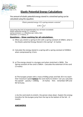 Elastic potential energy Calculations - GCSE Physics H | Teaching Resources
