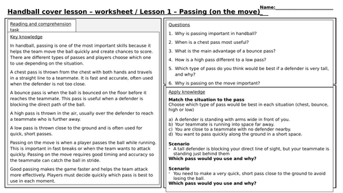 Handball worksheets / cover work | Teaching Resources