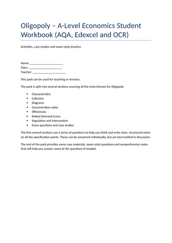 Oligopoly – A-Level Economics Workbook | Teaching Resources