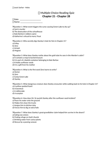Louis Sachar – Holes | Section Quizzes | A/B Versions | Google Forms ...
