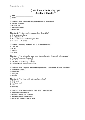 Louis Sachar – Holes | Section Quizzes | A/B Versions | Google Forms ...