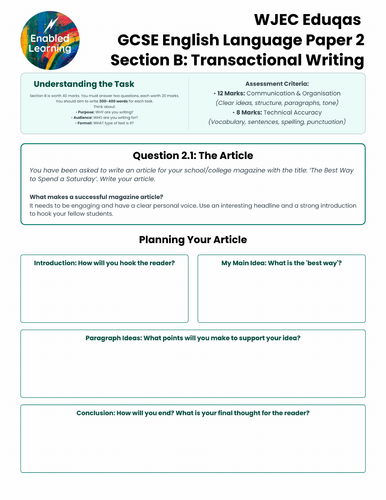 WJEC Eduqas GCSE English Language - Paper 2 Section B Practice | Teaching Resources