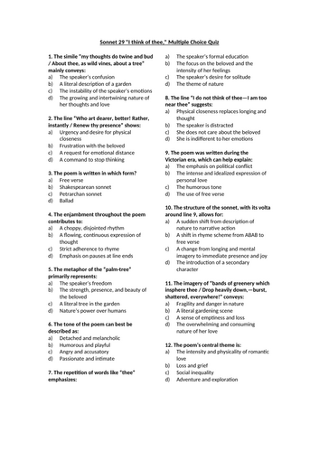 Sonnet 29 I Think of Thee Multiple Choice Quiz | Teaching Resources