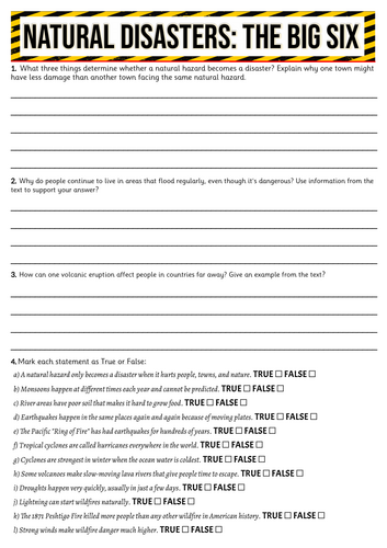 Natural Disasters Comprehension Worksheets | Teaching Resources