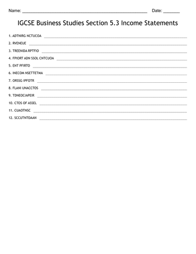 IGCSE Business Section 5.3 Income Statements | Teaching Resources