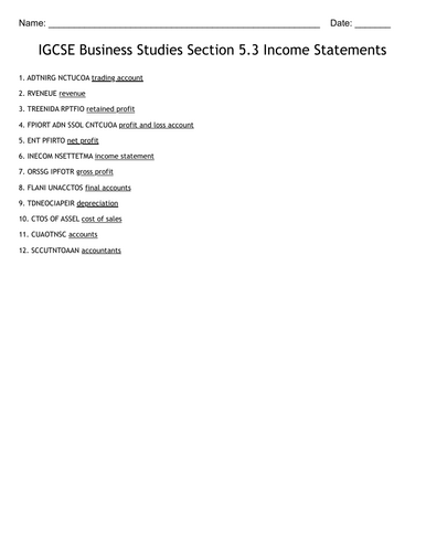 IGCSE Business Section 5.3 Income Statements | Teaching Resources