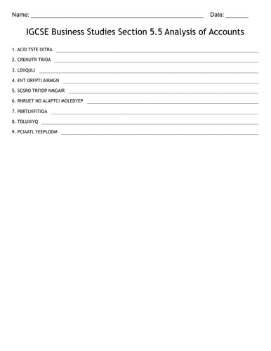 IGCSE Business Section 5.5 Analysis of Accounts | Teaching Resources