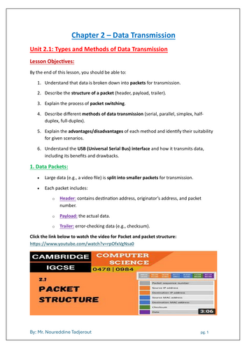 IGCSE Computer Science 0478: Data transmission: 2.1 Types and methods ...