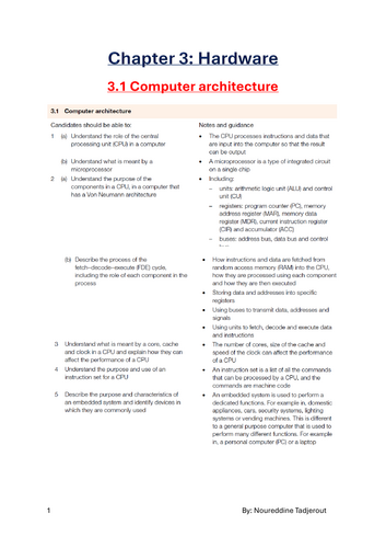 IGCSE Computer Science 0478: Hardware: 3.1 Computer architecture ...