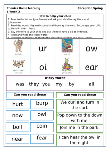 Reception Little Wandle Spring 1 Homework sheets Weeks 1 -5 | Teaching ...