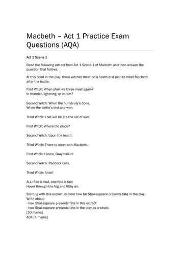 AQA Macbeth Act 1 GCSE Exam Practice Questions: scene-by-scene ...