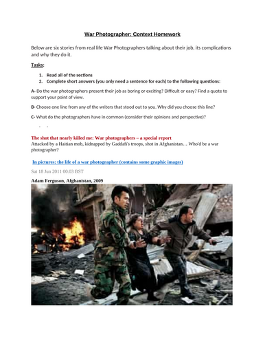War Photographer GCSE Poetry Lesson (Duffy) | Teaching Resources
