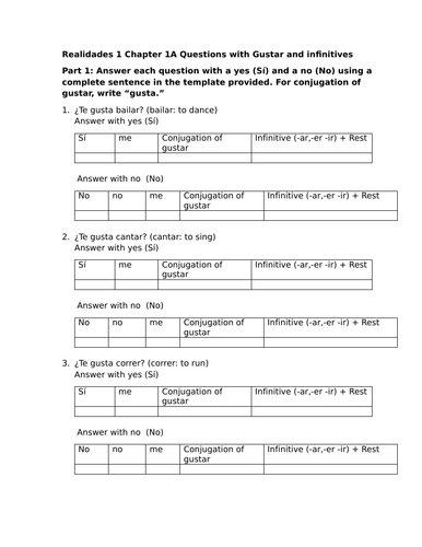 Realidades 1 Chapter 1A Questions with Gustar and infinitives ...