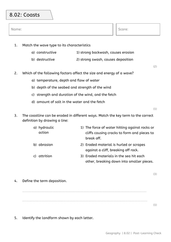 Y8 Coasts: Pre and Post Tests, knowledge organiser, question bank ...