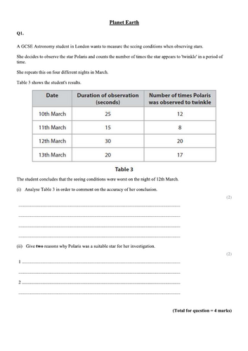 Edexcel GCSE Astronomy: Naked-Eye Astronomy (1AS0/01) Topical Worksheet ...