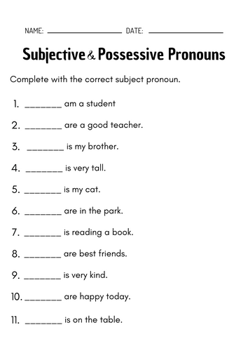 Subjective & Possessive Pronouns Worksheets | Teaching Resources