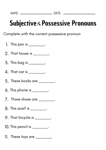 Subjective & Possessive Pronouns Worksheets | Teaching Resources