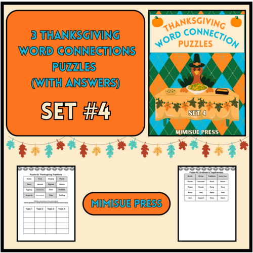 3 Thanksgiving Word Connections Puzzles SET 4 (Holiday/Party Game ...