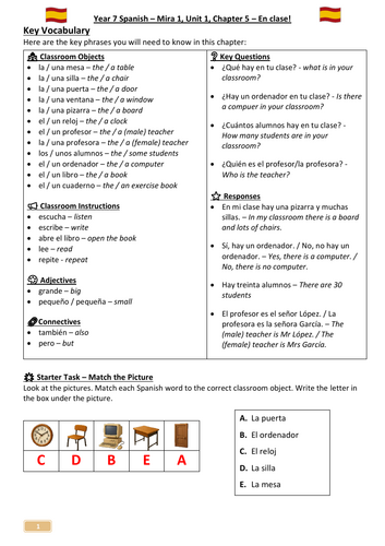 Year 7 Spanish – Mira 1 Unit 1, Chapter 5: En clase (Student + Teacher Copy) | Teaching Resources
