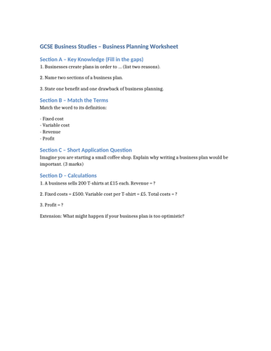 GCSE Business Studies - Business Planning | Teaching Resources