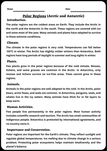 Polar Regions (Arctic and Antarctic) - Reading Comprehension Passages ...