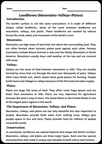 Landforms (Mountains-Valleys-Plains) - Reading Comprehension Passages ...