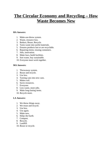 The Circular Economy and Recycling – Differentiated Reading ...