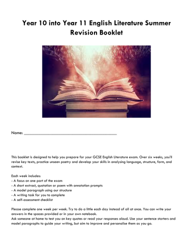 Year 10 into 11 Summer Study Project Edexcel English Literature ...