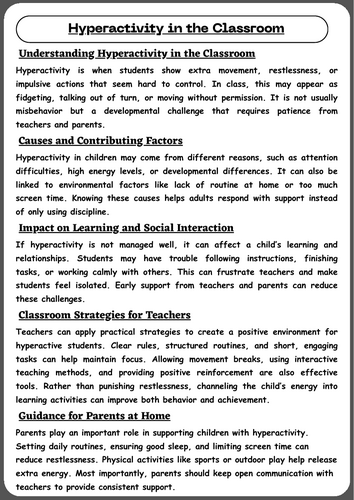 Hyperactivity in the Classroom: A Complete Guide for Teachers, Parents ...