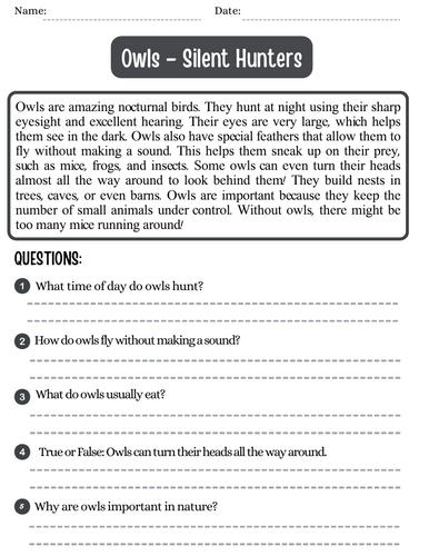 Nocturnal Animals Reading Passages with Questions | Comprehension ...