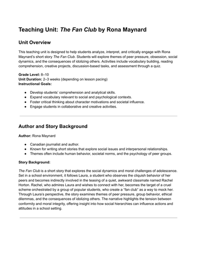 "The Fan Club" by Rona Maynard Complete Unit with Vocabulary | Teaching ...