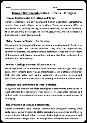Human Settlements (Cities -Towns -Villages)-Reading Comprehension ...