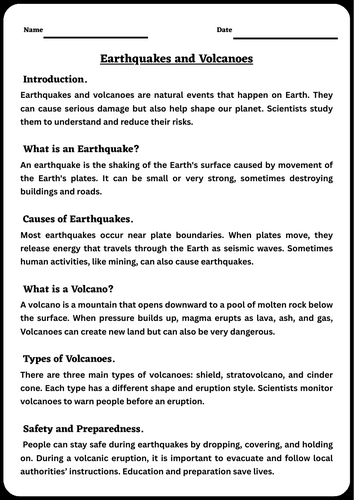 Earthquakes and Volcanoes - Reading Comprehension Passages and ...