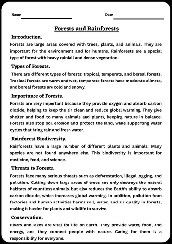 Forests & Rainforests Reading Comprehension Worksheets | Grade 4-7 ...