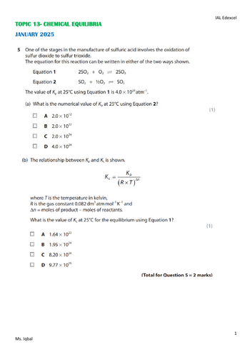 A Level Chemistry – Past Paper Questions: Chemical Equilibria (Year 13 ...
