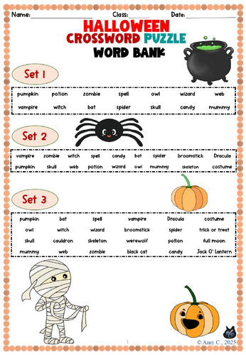 Halloween Crosswords for Grades 5–8 | Differentiated with Word Bank ...