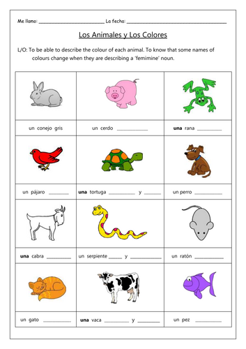 SPANISH - LOS ANIMALES - ANIMALS AND COLOURS | Teaching Resources