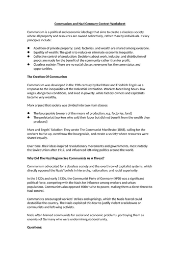 Communism and Nazi Germany Context Worksheet | Teaching Resources