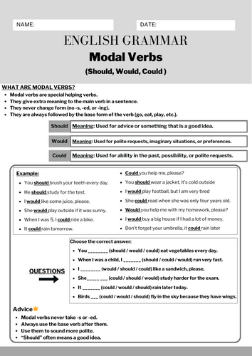 (Modal Verbs): Fun & Engaging Grammar Worksheets for Confident Learners ...