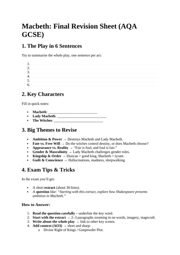 Macbeth Final Revision Lesson Pack – AQA GCSE English Literature ...