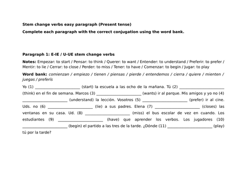 Stem change verbs easy paragraph (Present tense) | Teaching Resources