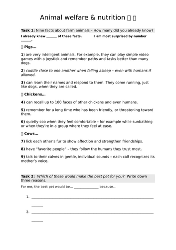 Animal Welfare & Nutrition – Engaging Worksheet on Animal Welfare ...