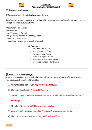 Spanish Grammar – Possessive Adjectives | KS3 Worksheet + Teacher ...