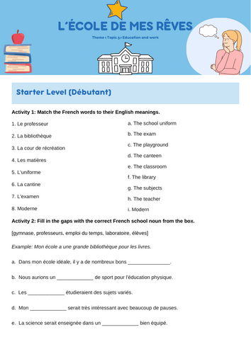 L'école de mes rêves GCSE Worksheet AQA Theme 1 | Teaching Resources