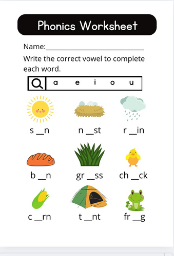 Phonic Vowel Worsheets Missing Vowels (a, e, i, o, u) | FS2 EYFS ...
