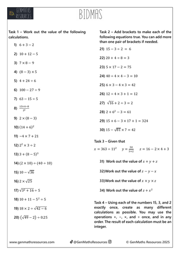 BIDMAS - Maths GCSE Foundation Worksheet | Teaching Resources