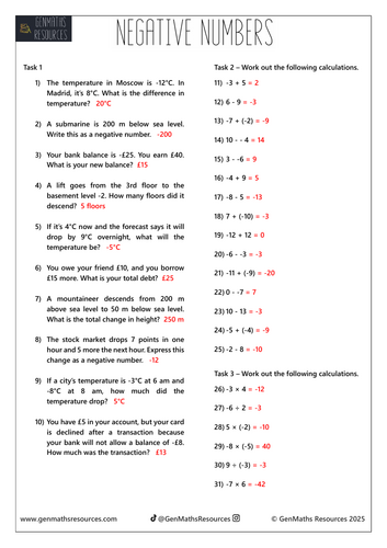 Negative Numbers - Maths GCSE Foundation Worksheet | Teaching Resources