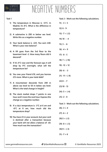 Negative Numbers - Maths GCSE Foundation Worksheet | Teaching Resources
