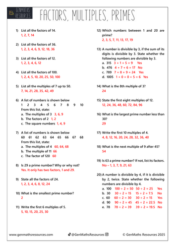Factors Multiples Primes - Maths GCSE Foundation Worksheet | Teaching ...