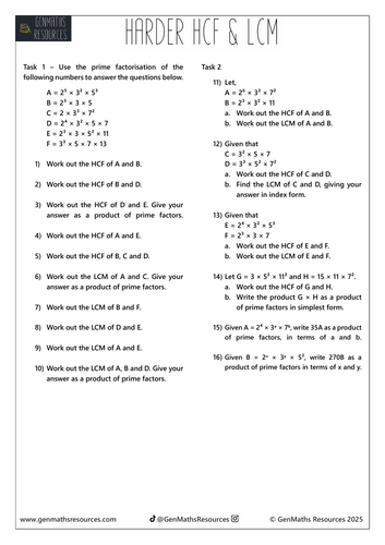Harder HCF & LCM Worksheet - Maths GCSE Foundation Worksheet | Teaching ...